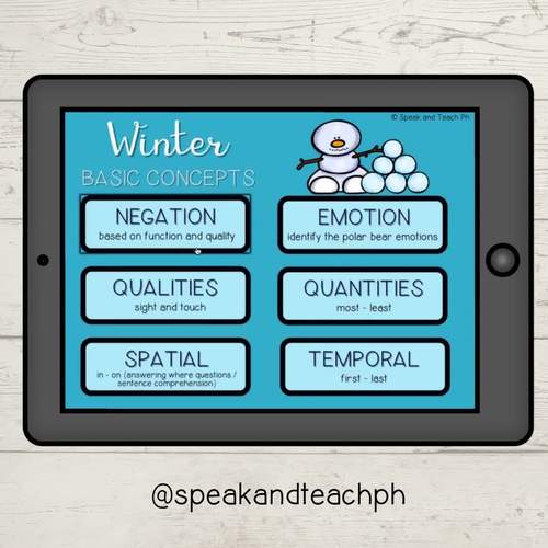 Winter Basic Language Concepts No Prep Speech Therapy Boom Cards™