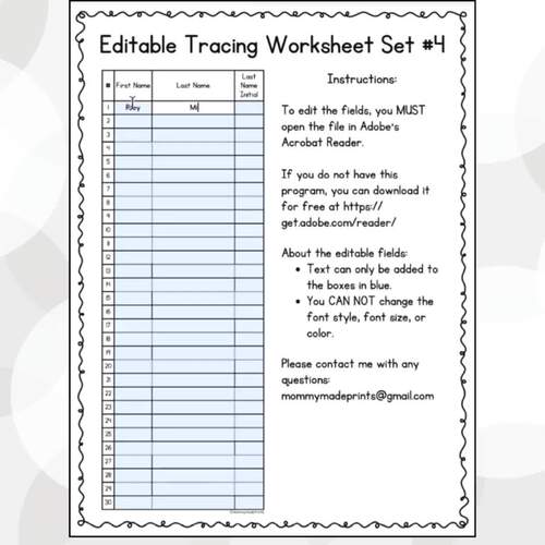 Editable Name Tracing Handwriting Practice Worksheets #4 for Pre K ...