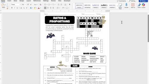 6th Grade Math Fun Worksheet Ratios & Proportions Review Activity Crossword