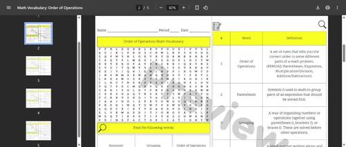 Math Vocabulary Word Search: Order of Operations | TPT