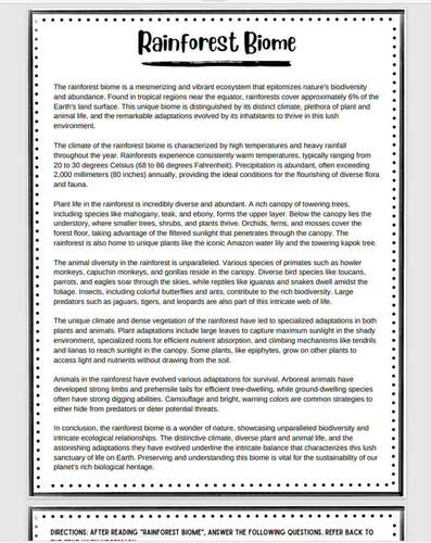 Rainforest Biome Reading Passage With Comprehension and Essay Questions