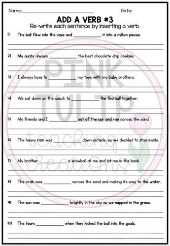 Add A Verb To The Sentences - Fill in the Blanks Worksheet Pack | TPT