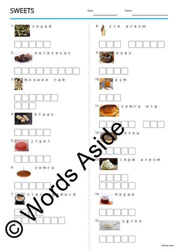 Vocabulary Puzzle Writing Worksheets Crossword Word Search Anagram SWEETS