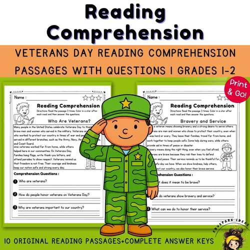 Veterans Day Reading Comprehension with Questions for 1st 2nd Grade U.S ...