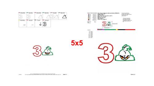 The Grinch Head Birthday Number 3 Applique Design - Instant Download by ...