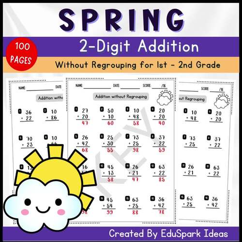 SPRING Two-Digit Addition without Regrouping 1st-2nd Grade Math Worksheets