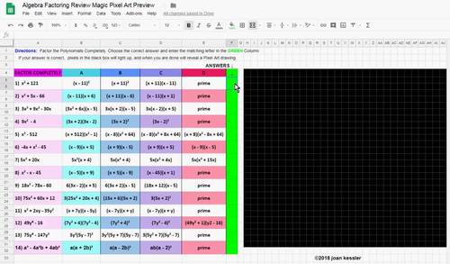 Factoring Polynomials Digital Pixel Puzzle plus Printable by Joan Kessler