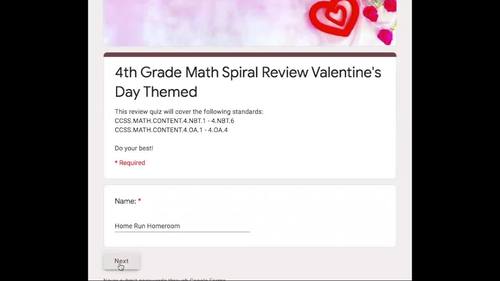 Valentine's Day Themed 4th Grade Math Spiral Review Google Classroom™
