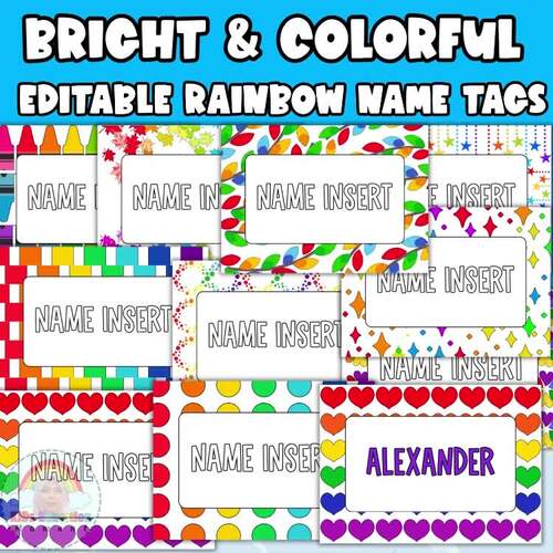Bright & Colourful Editable Rainbow Name Tags | 10 Designs | Versatile Use