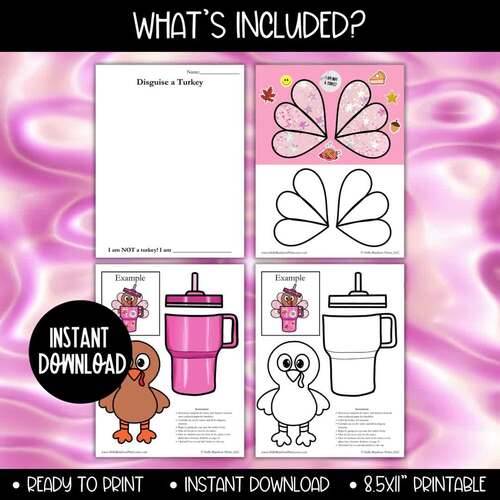 Pink Stanley Cup Turkey in a Disguise Craft, Thanksgiving Coloring ...