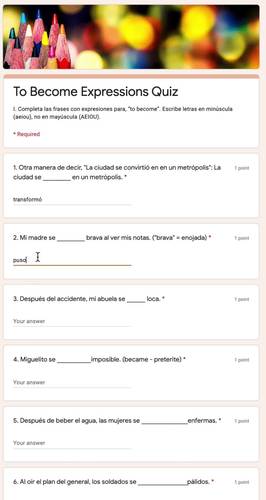 Spanish To Become Expressions Google Forms Activities or Assessments