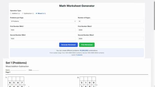 Math Worksheet Generator | Addition, Subtraction & Mixed Practice ...