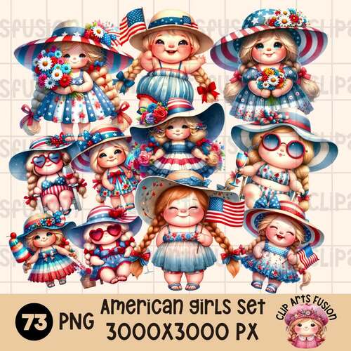 American Girls Celebrating Independence Day | Summer Girls Clip Art