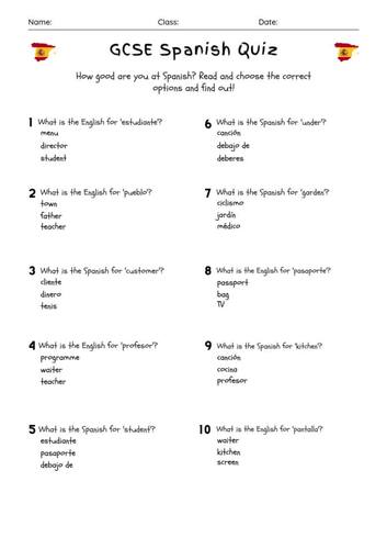 20 GCSE Foundation Level Spanish Multiple Choice Quiz Worksheets PDF