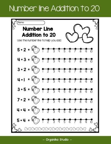 Number line addition to 20 worksheet theme Valentines | TPT