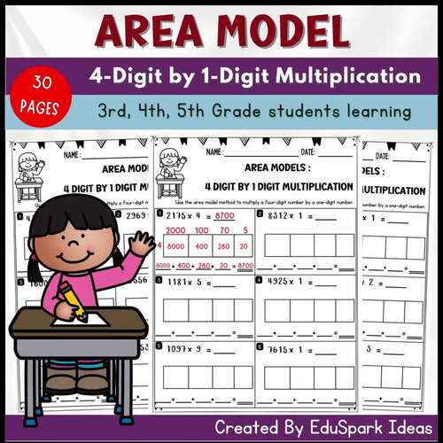 Area Model Multiplication 4-Digit by 1-Digit Worksheet for 3rd, 4th ...