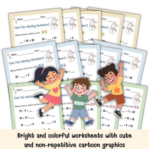 Missing Numbers Addition & Subtraction within 50 | 100 Colorful Worksheets