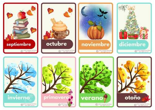 SPANISH Months Vocabulary BASICS flashcards | Spanish Printable Flash Cards