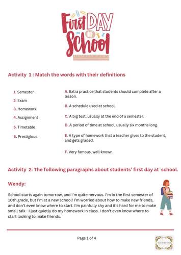 BACK TO SCHOOL ESL First Day Back at School Reading Comprehension