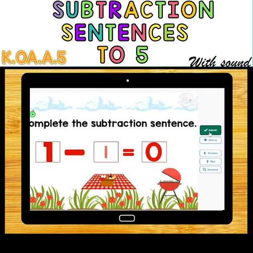 Subtraction to 5 Kindergarten Boom Cards™ K.OA.A.5 Picnic Theme | TPT