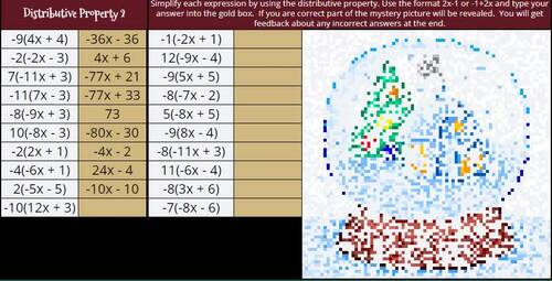 Distributive Property Christmas 6th Grade Math Winter Pixel Art | Integers