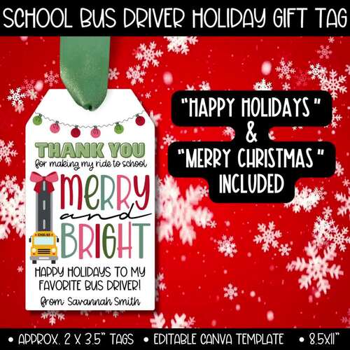 Christmas School Bus Driver Holiday Gift Tag Card, Busdriver ...