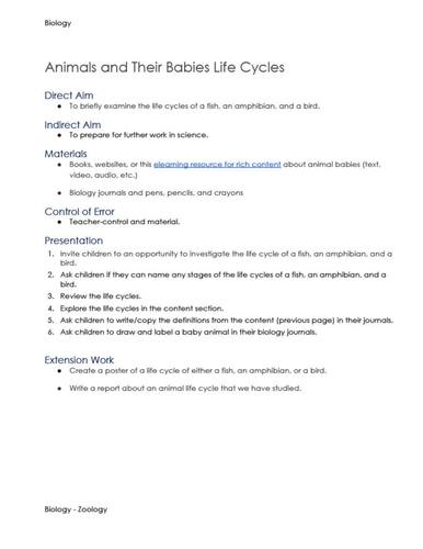 Montessori Zoology Animal Habitats Lesson Plans Manual Printable