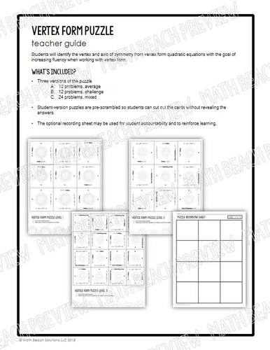 Vertex Form Puzzle Activity by Math Beach Solutions | TPT