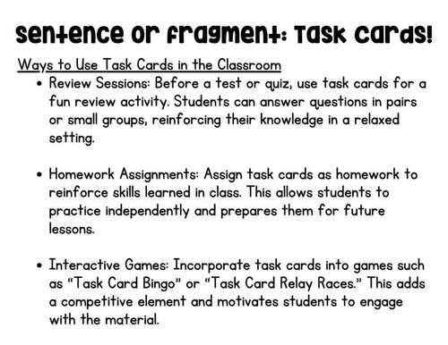 Sentence v. Sentence Fragment TASK CARDS | Sentences & Fragments