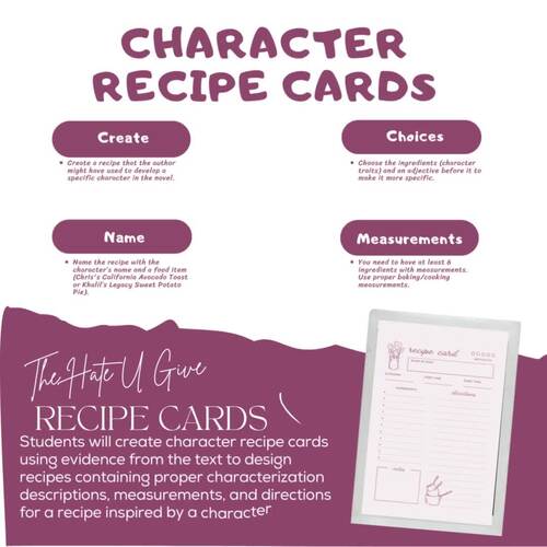 The Hate U Give Character Analysis Recipe Cards by JennyedELA | TPT