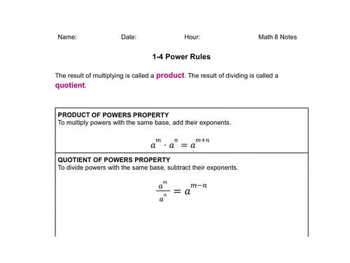 Math 8 1-4 Power Rules Guided Notes with Lesson Video Link by UndefinedX