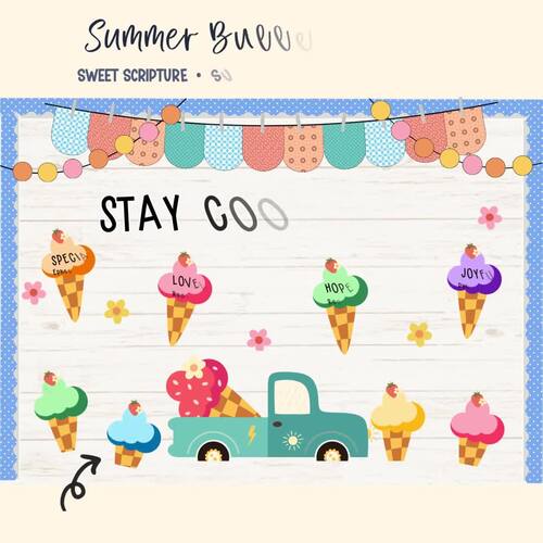 Christian Summer Bulletin Board Kit: Ice Cream Truck Jesus Decor | Editable