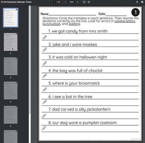 Halloween Theme Fix The Sentence,Sentence Writing, Editing for 1st ...