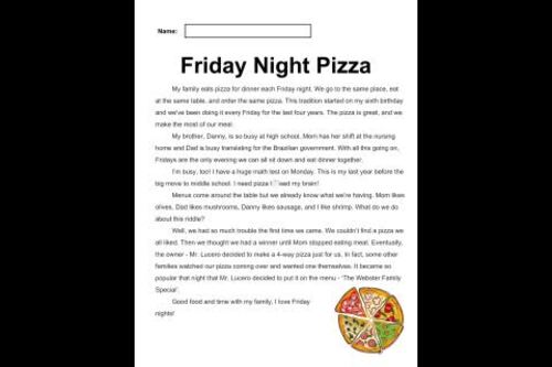 Food Reading Comprehension Word File 6: Friday Night Pizza (Grade 2-3)