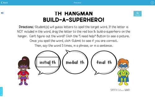 Th Sound Articulation BOOM Cards™ Build A Superhero Hangman Game Speech