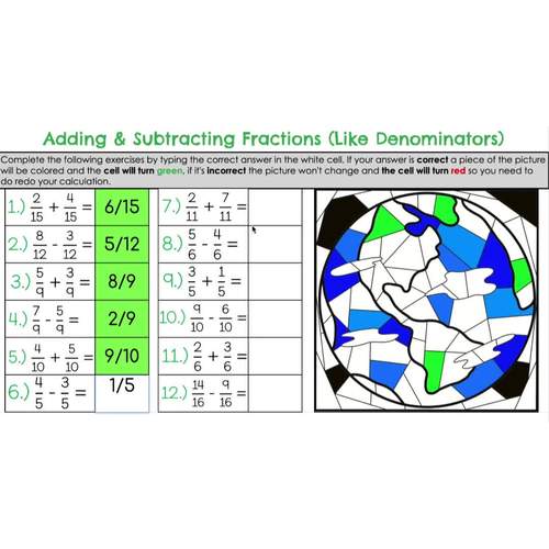 Earth Day Math: Adding & Subtracting Fractions (like denominators)