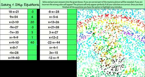 St Patrick's Day Math Pixel Art Solving 1 Step Equations | TPT
