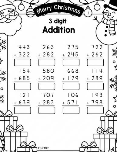 4th Grade Christmas Math Worksheets | 3-5 Digit Addition & Subtraction Fun