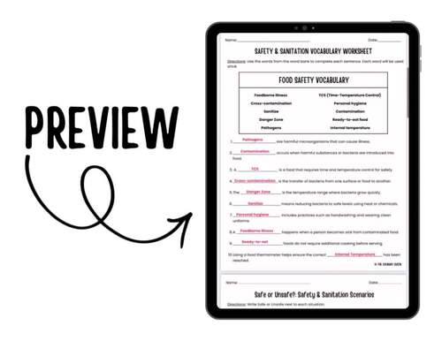 Kitchen Safety & Sanitation | Culinary Arts | Worksheets & Vocabulary Set
