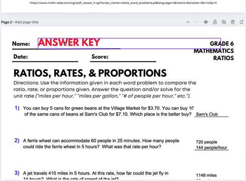 Ratios, Rates, & Proportions Word Problem Practice Worksheet (6th Grade)