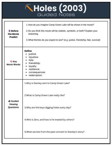 Holes Movie Guide | Book vs Movie Comparison | Dyslexia-Friendly EDITABLE