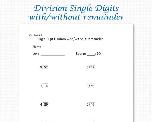 100 single digit division with and without reminder - answer sheets