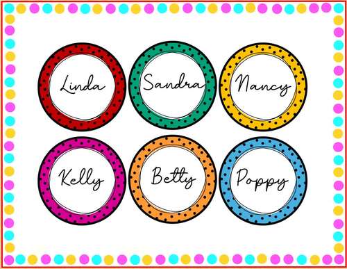 Printable Black and Bright Polka Dots Student Name Labels, Name Signs, Tags