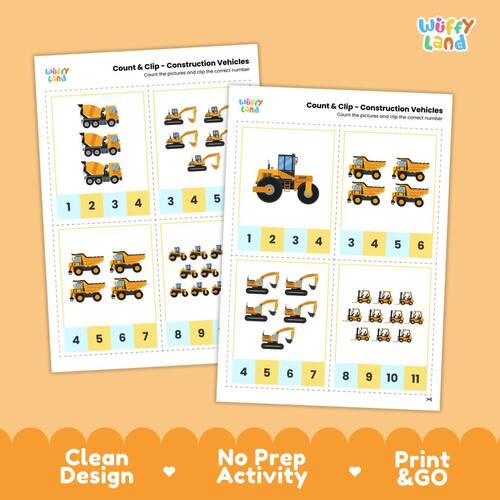 Construction Counting Clip Cards 1-20 | Truck Math Center | Transportation