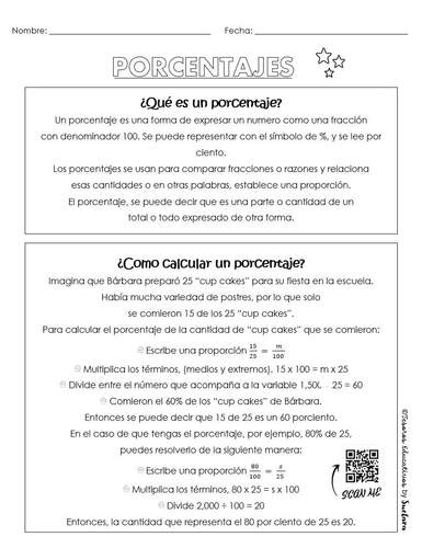 PORCENTAJE DE UN NÚMERO│ PERCENTAGES WORKSHEETS IN SPANISH | TPT