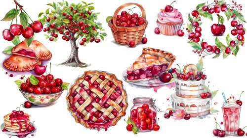 Watercolor Cherry Clipart Set of 24 Files by ArtisticTimberStudio