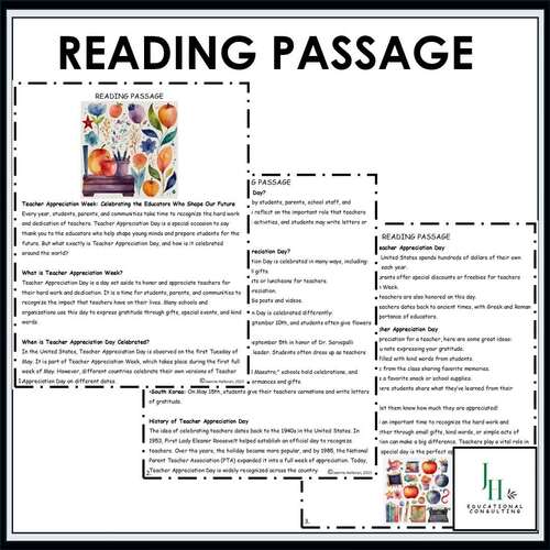 Teacher Appreciation Day Reading Comprehension Activities | DOK ...