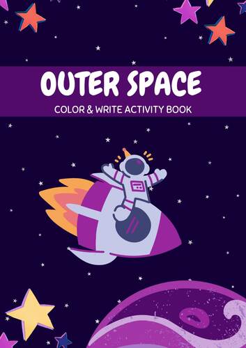 Black and White Illustrated Outer Space Color and Write Activity Worksheets