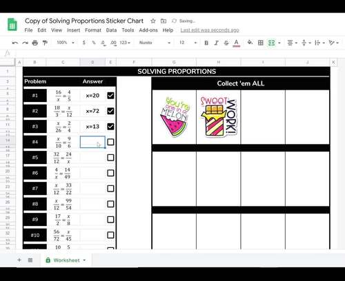 Google Sheets Math Solving Proportions STICKER CHART by Algebra Accents