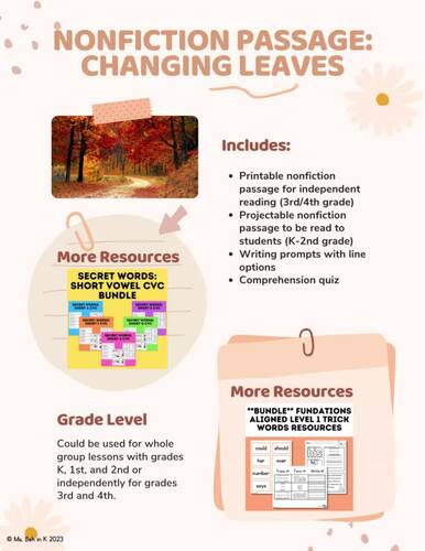 Changing Leaves (Nonfiction Passage, Writing Prompts, & Comprehension ...